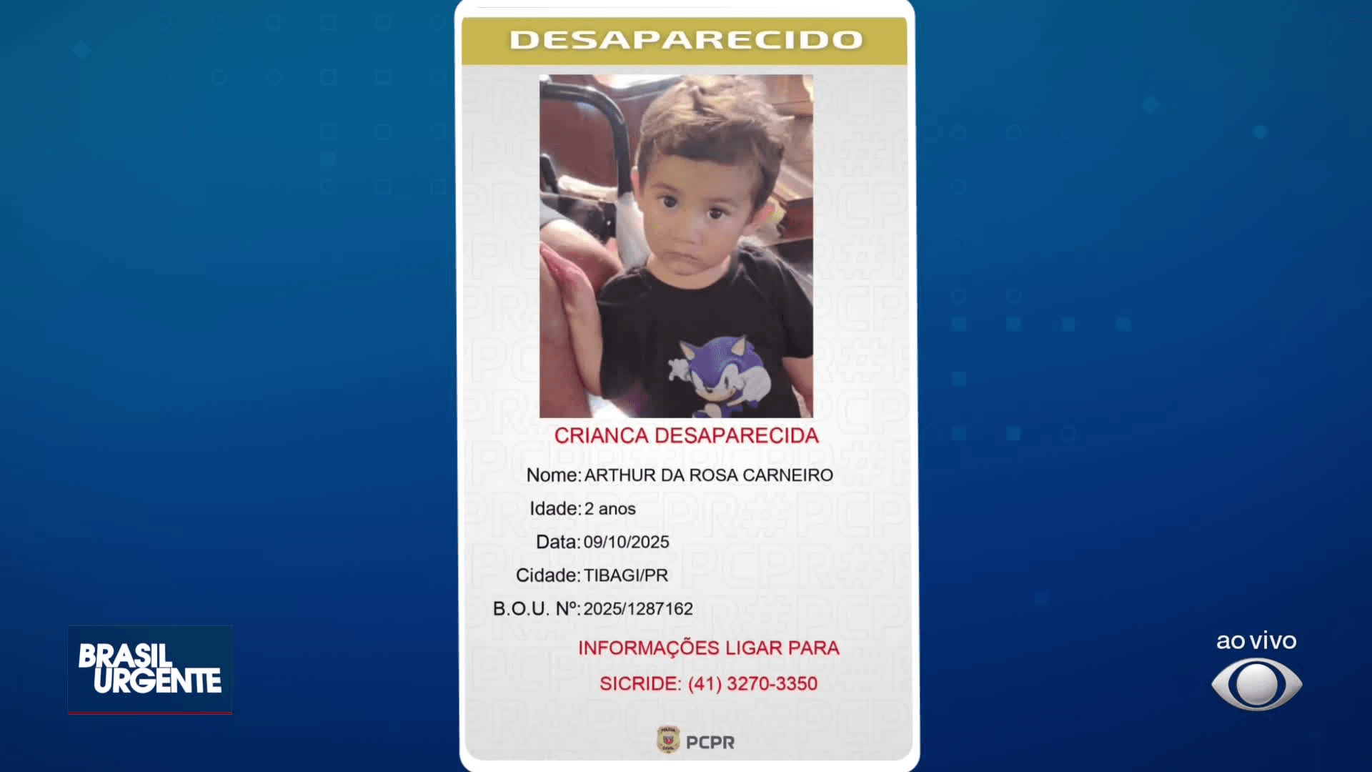Menino Arthur de 2 anos desaparece perto do Rio Tibagi no Paraná